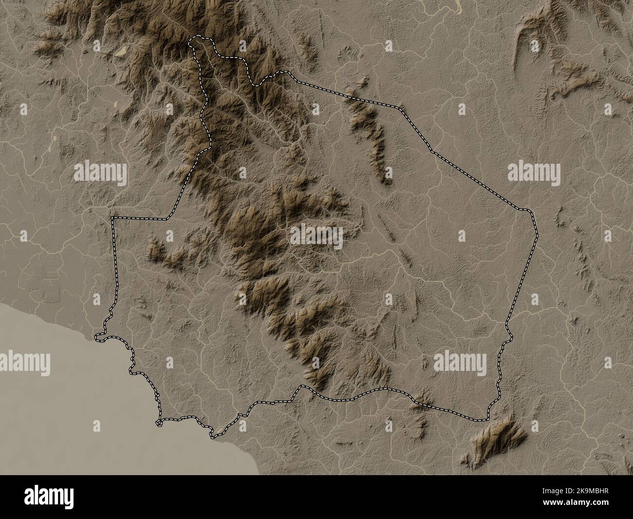 Negeri Sembilan, state of Malaysia. Elevation map colored in sepia ...