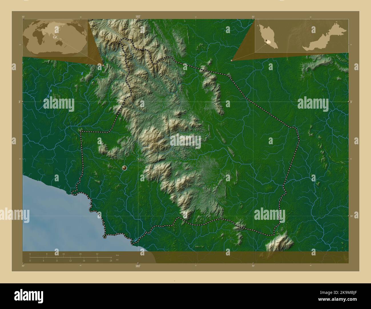Negeri Sembilan, state of Malaysia. Colored elevation map with lakes ...