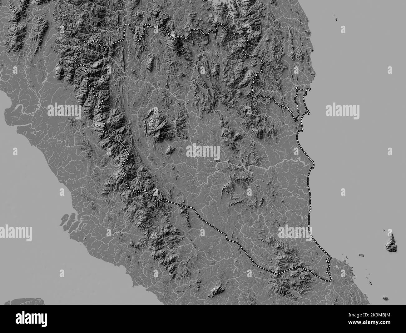 Pahang, state of Malaysia. Bilevel elevation map with lakes and rivers ...