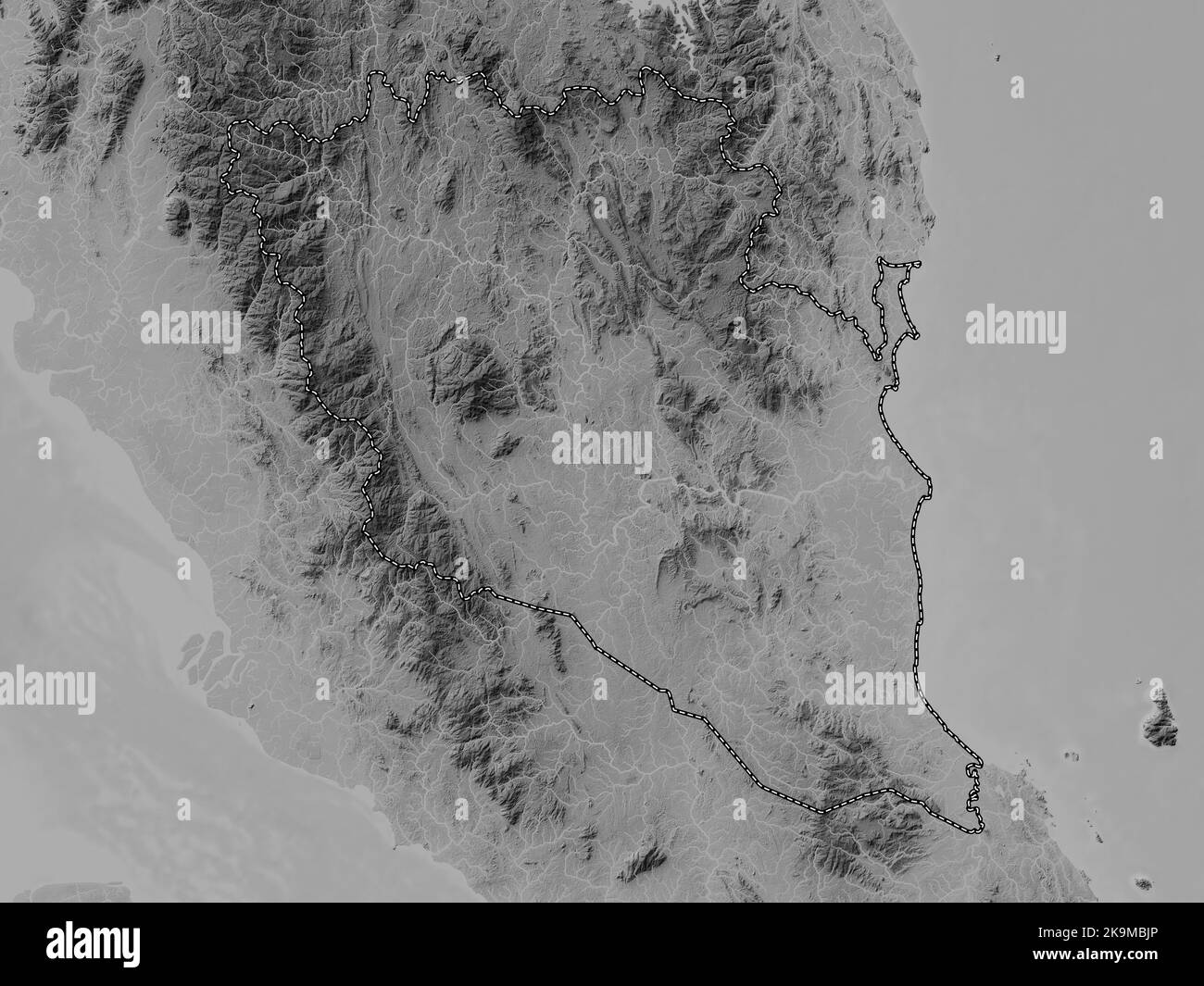 Pahang, state of Malaysia. Grayscale elevation map with lakes and ...