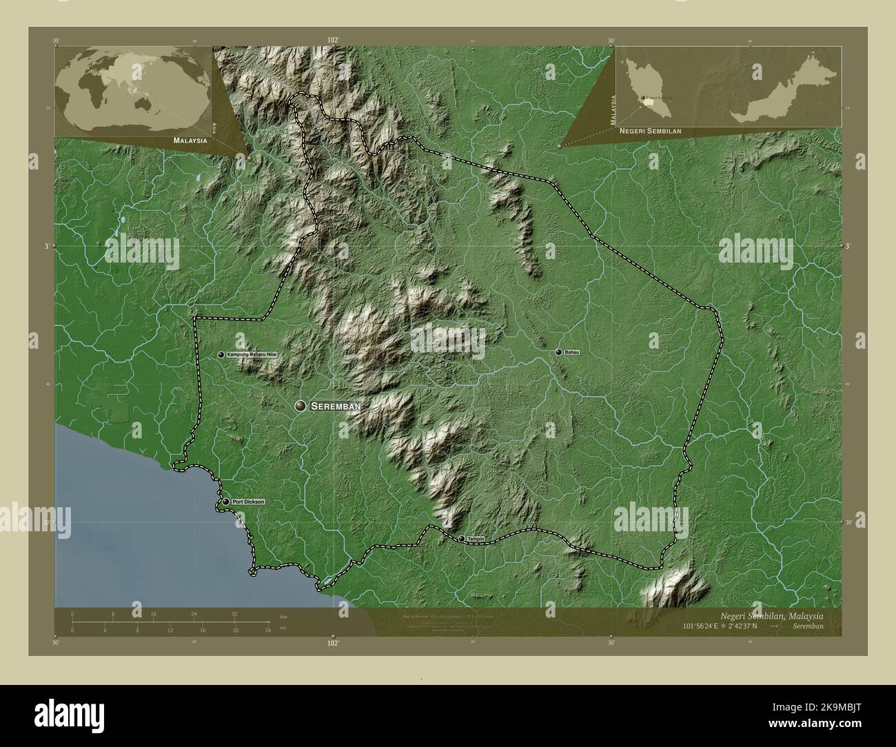 Negeri Sembilan, state of Malaysia. Elevation map colored in wiki style ...