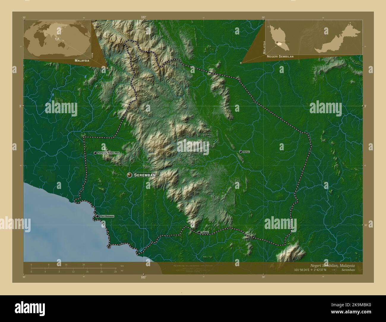 Negeri Sembilan, state of Malaysia. Colored elevation map with lakes ...