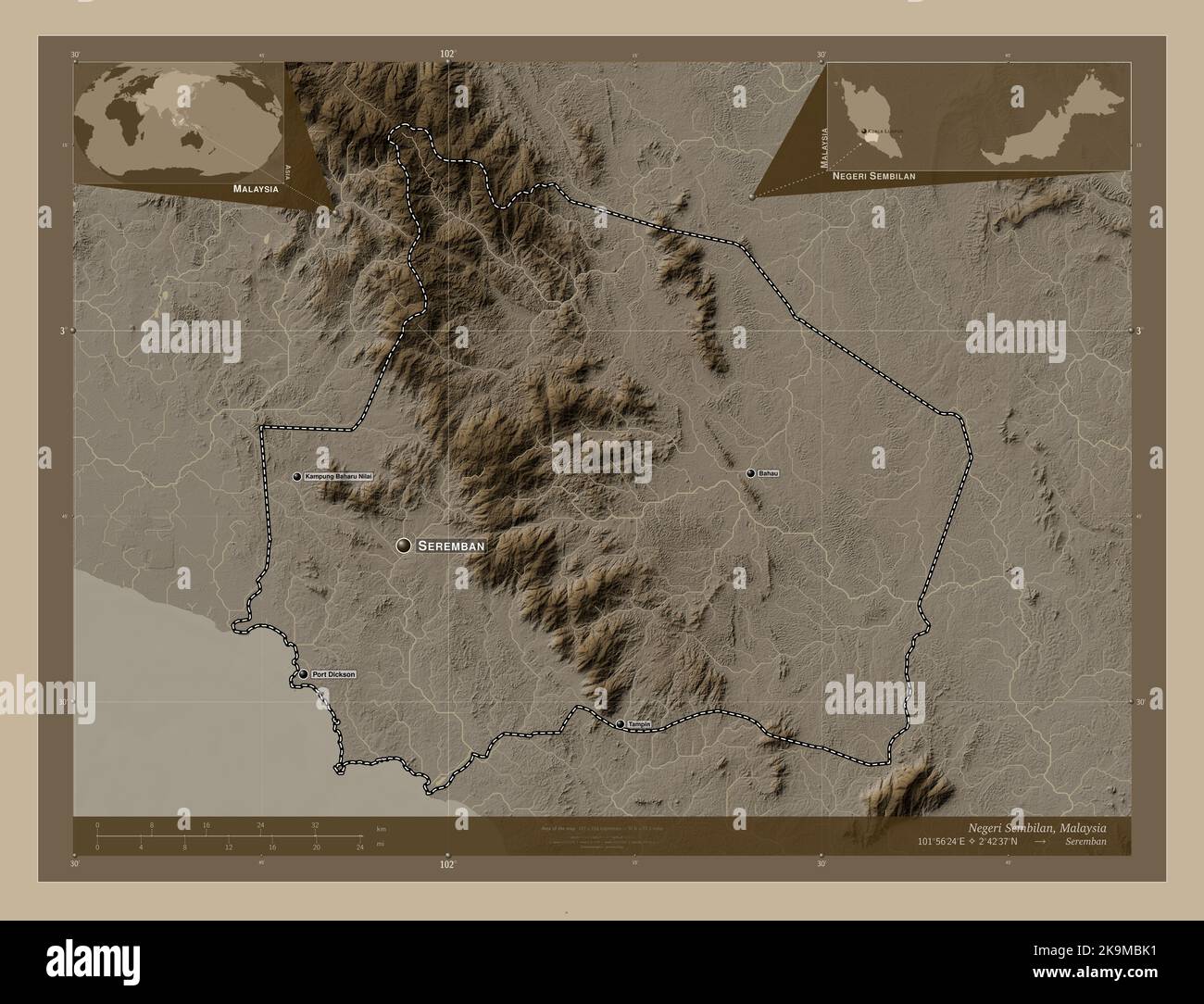 Negeri Sembilan, state of Malaysia. Elevation map colored in sepia ...