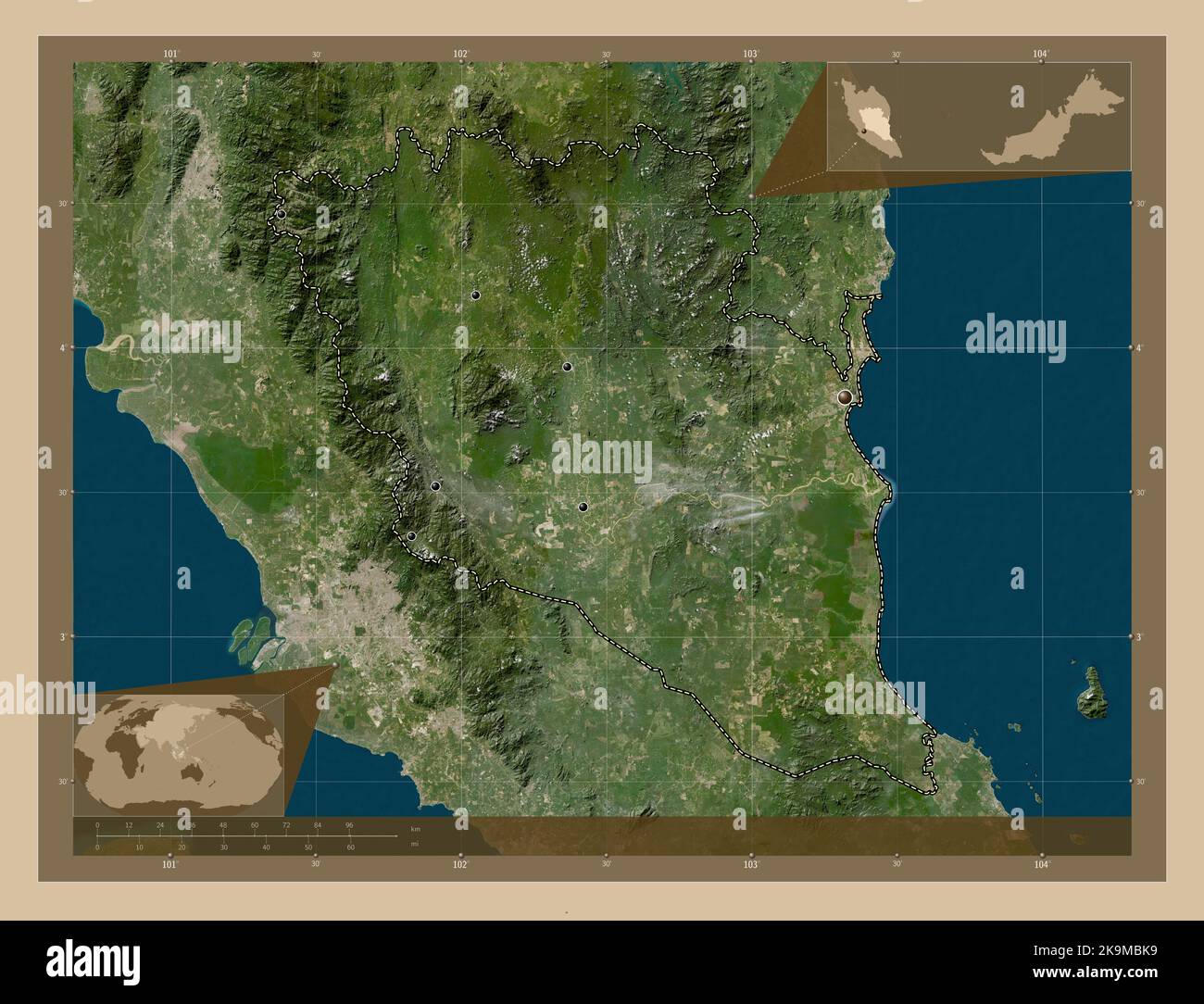 Pahang, state of Malaysia. Low resolution satellite map. Locations of ...