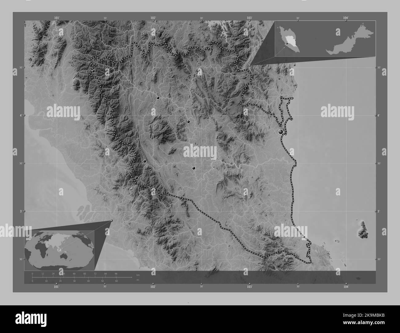 Pahang, state of Malaysia. Grayscale elevation map with lakes and ...