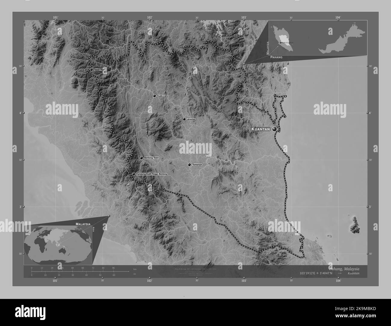 Pahang, state of Malaysia. Grayscale elevation map with lakes and ...
