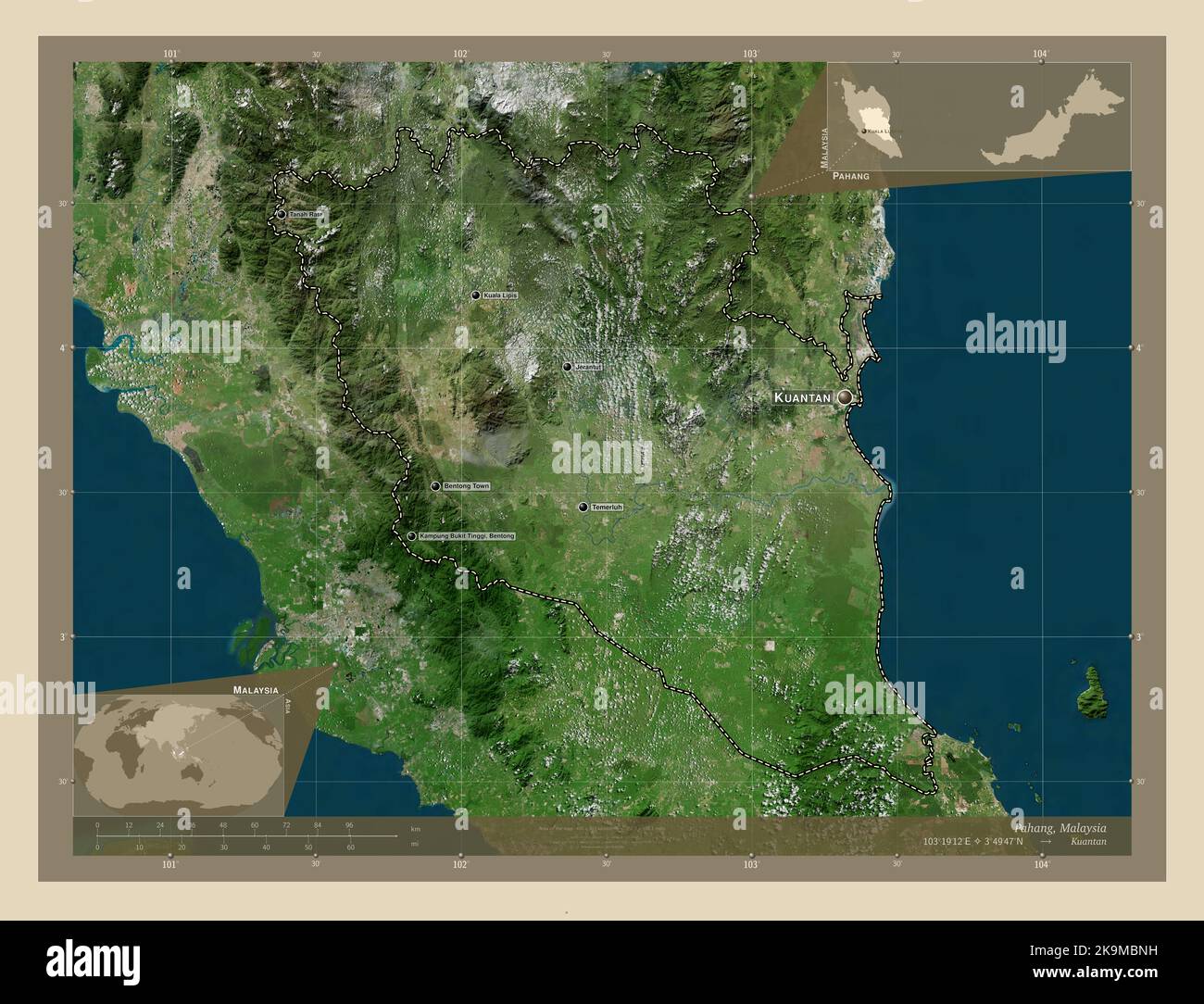 Pahang, state of Malaysia. High resolution satellite map. Locations and ...