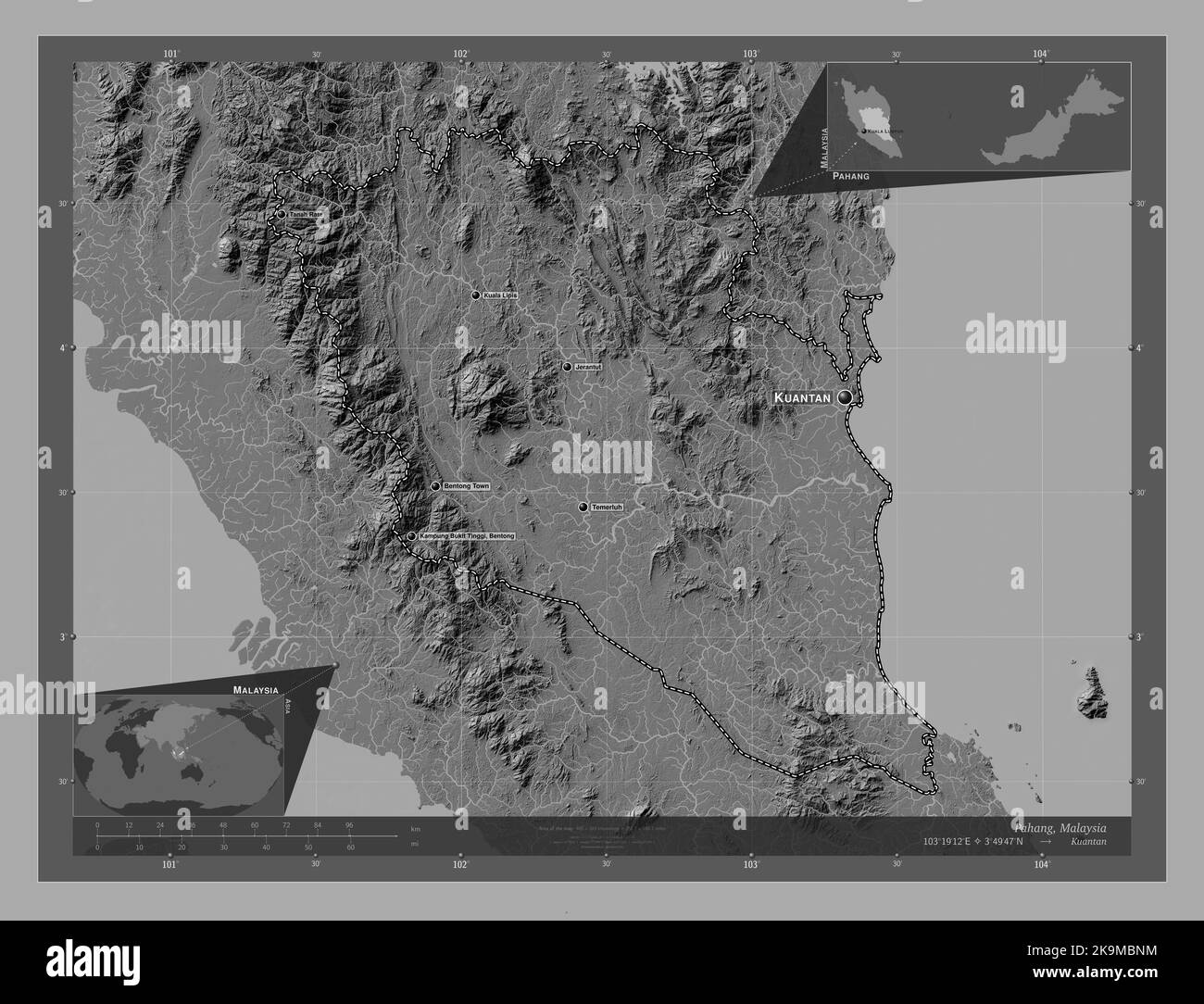 Pahang, state of Malaysia. Bilevel elevation map with lakes and rivers ...
