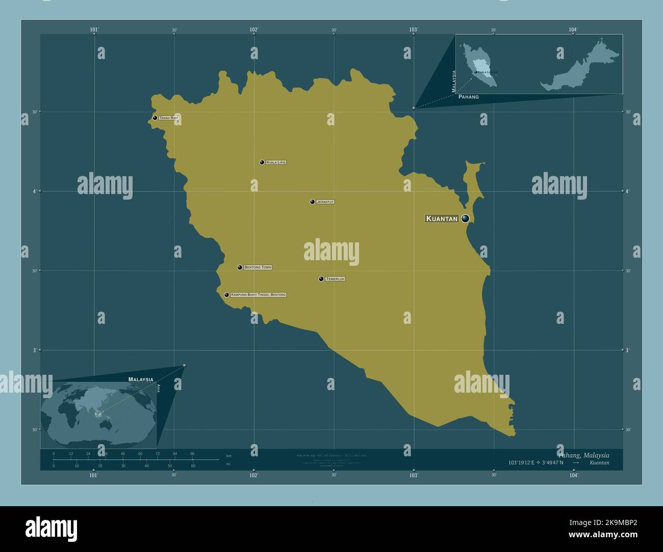 Pahang, state of Malaysia. Solid color shape. Locations and names of ...