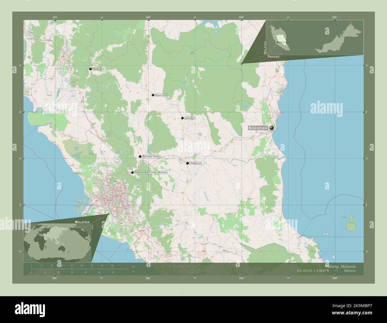 Pahang, state of Malaysia. Open Street Map. Locations and names of ...