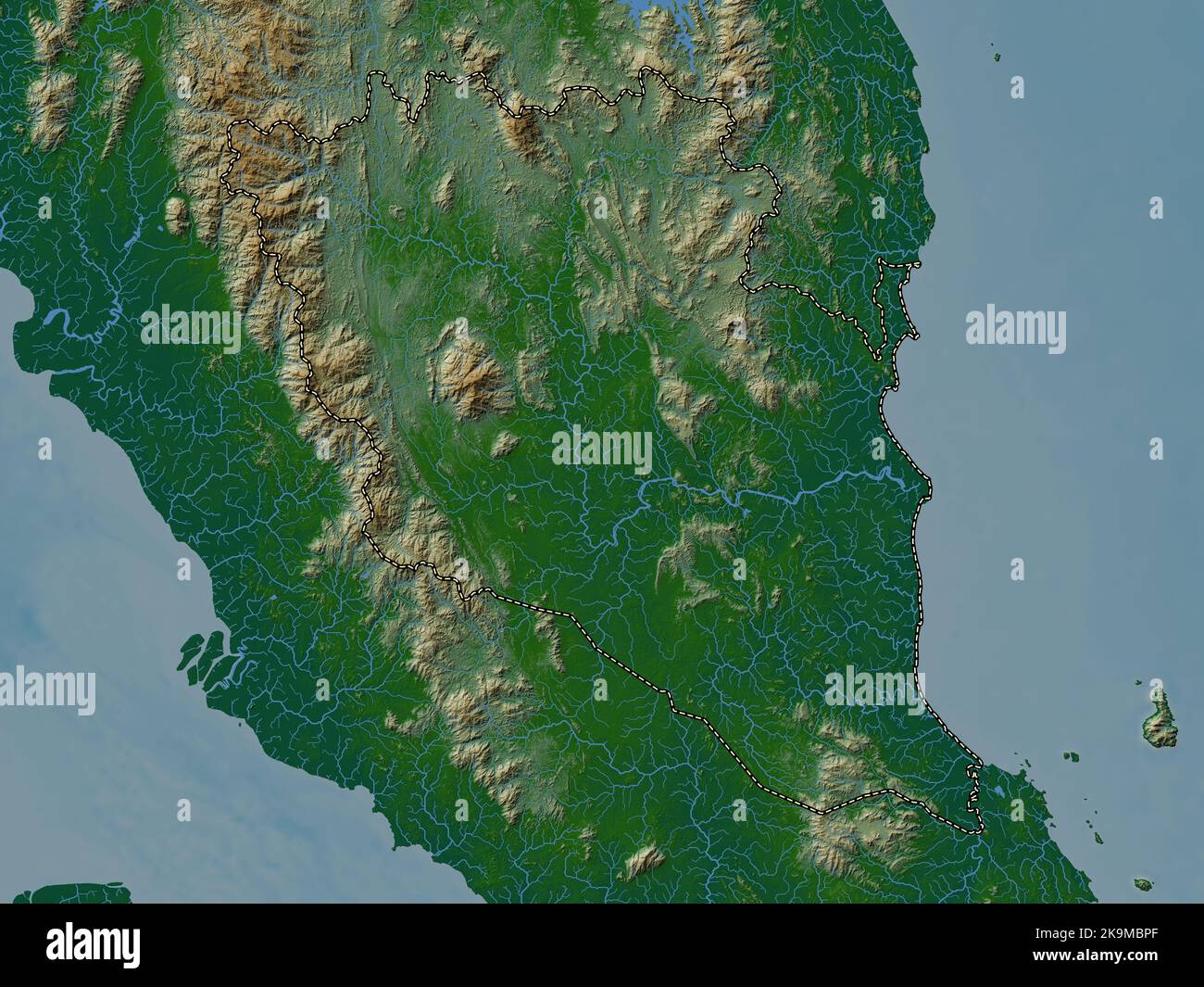 Pahang, state of Malaysia. Colored elevation map with lakes and rivers ...