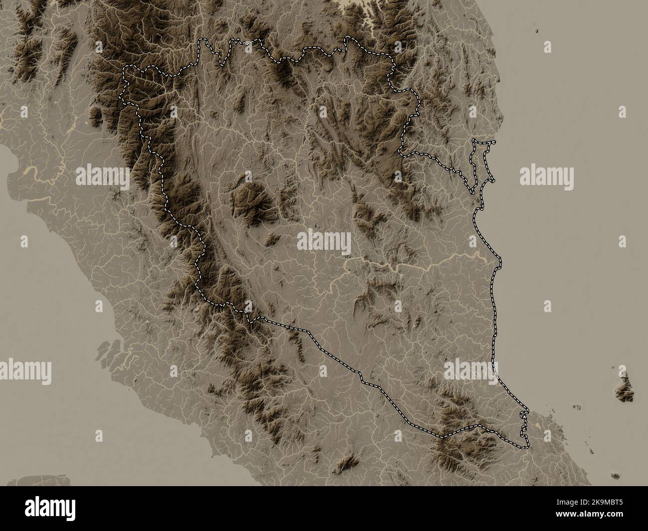 Pahang, state of Malaysia. Elevation map colored in sepia tones with lakes and rivers Stock ...