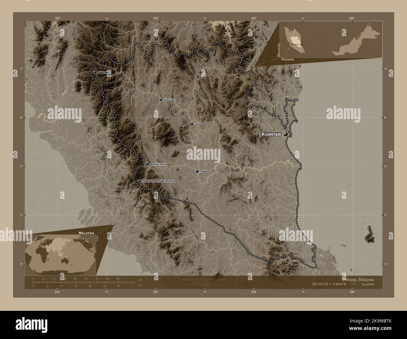 Pahang, state of Malaysia. Elevation map colored in sepia tones with lakes and rivers. Locations ...
