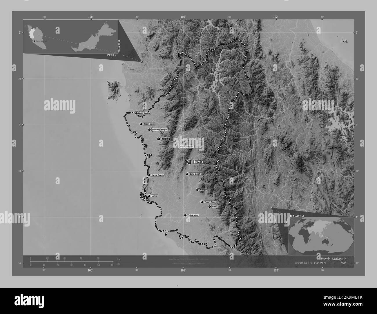 Perak, state of Malaysia. Grayscale elevation map with lakes and rivers ...
