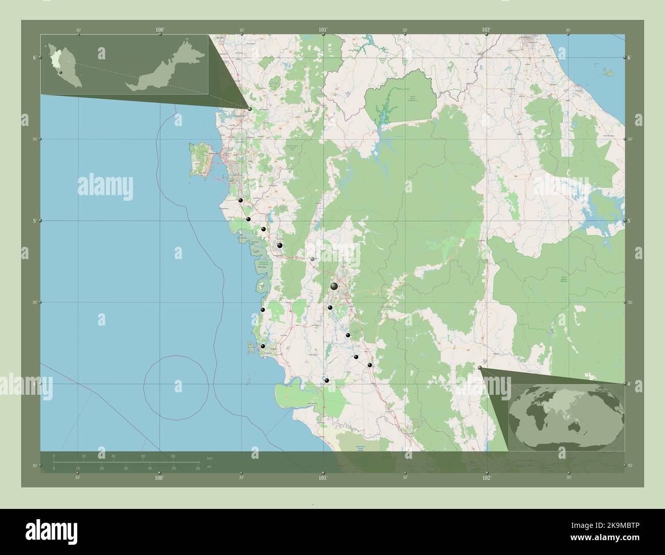 Perak, state of Malaysia. Open Street Map. Locations of major cities of ...