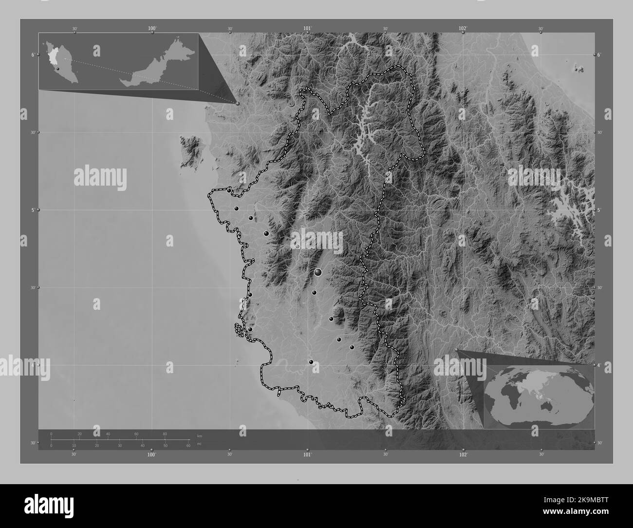 Perak, state of Malaysia. Grayscale elevation map with lakes and rivers ...