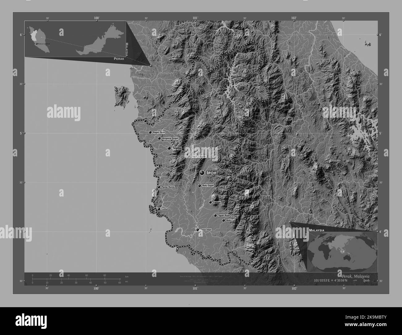 Perak, state of Malaysia. Bilevel elevation map with lakes and rivers ...