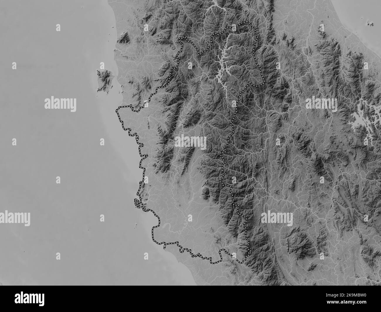 Perak, state of Malaysia. Grayscale elevation map with lakes and rivers ...