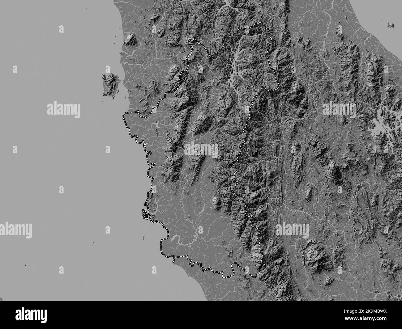 Perak, state of Malaysia. Bilevel elevation map with lakes and rivers ...