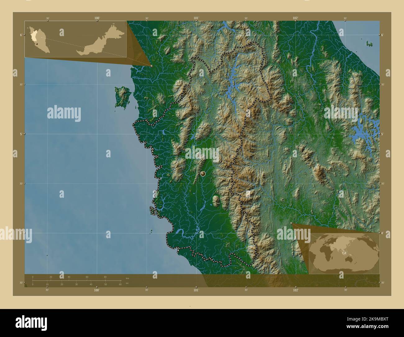 Perak, state of Malaysia. Colored elevation map with lakes and rivers ...