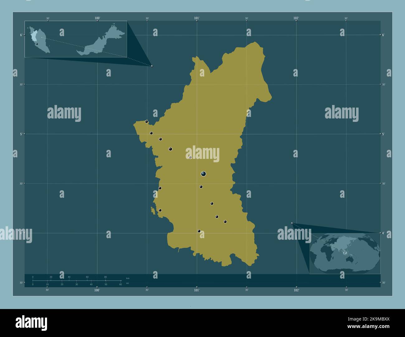 Perak, state of Malaysia. Solid color shape. Locations of major cities ...
