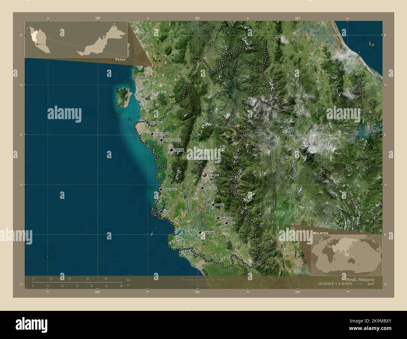 Perak, state of Malaysia. High resolution satellite map. Locations and ...