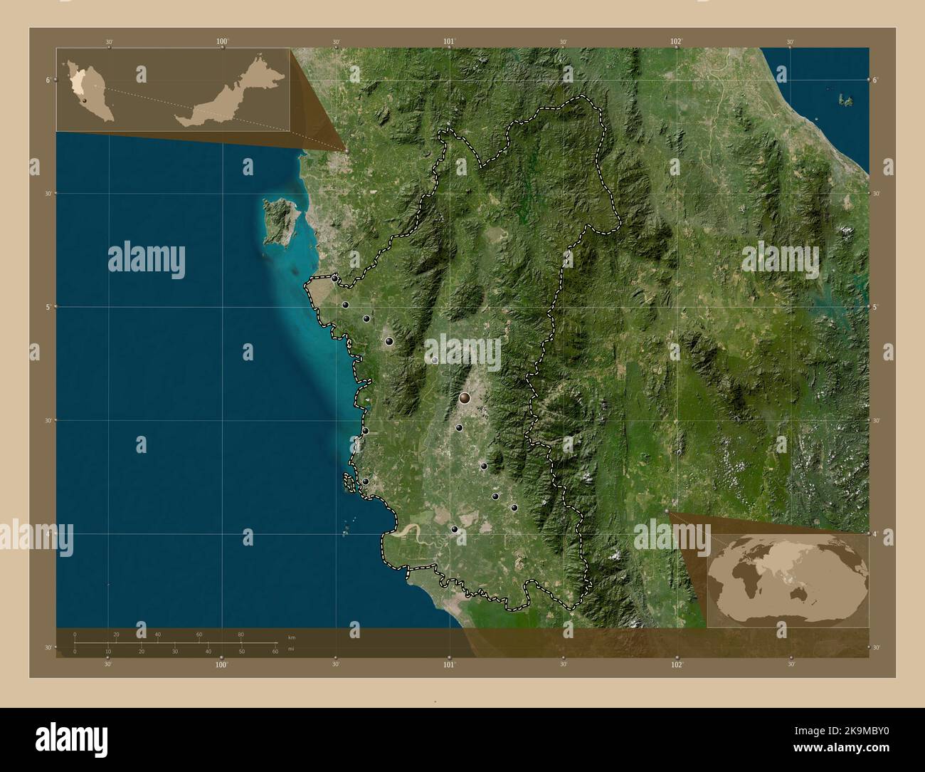 Perak, state of Malaysia. Low resolution satellite map. Locations of ...