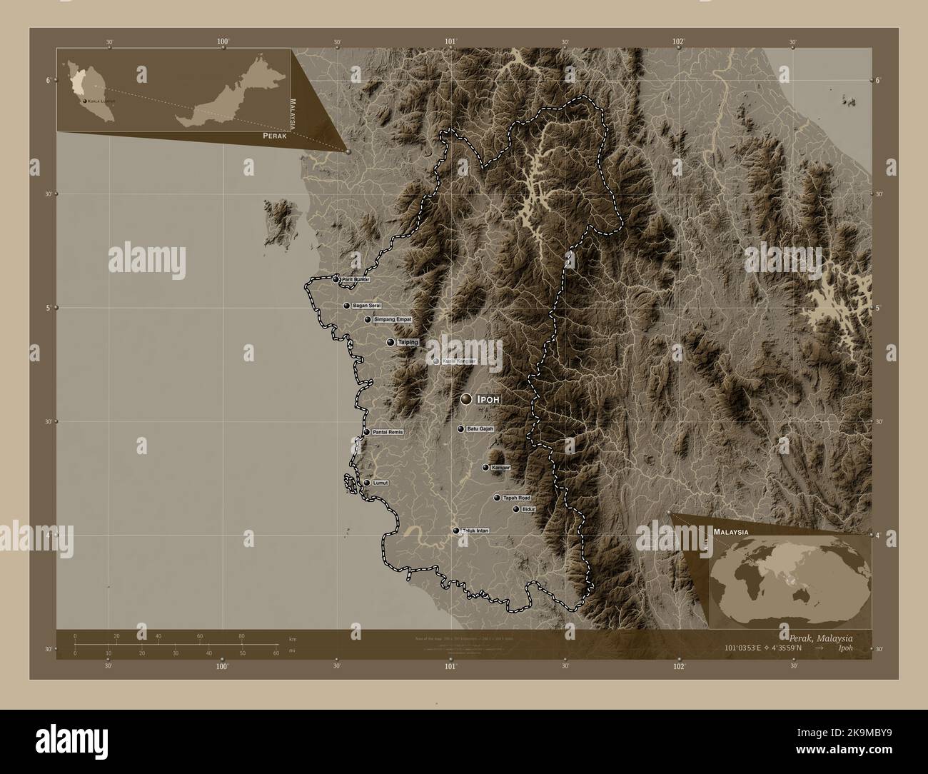 Perak, state of Malaysia. Elevation map colored in sepia tones with ...