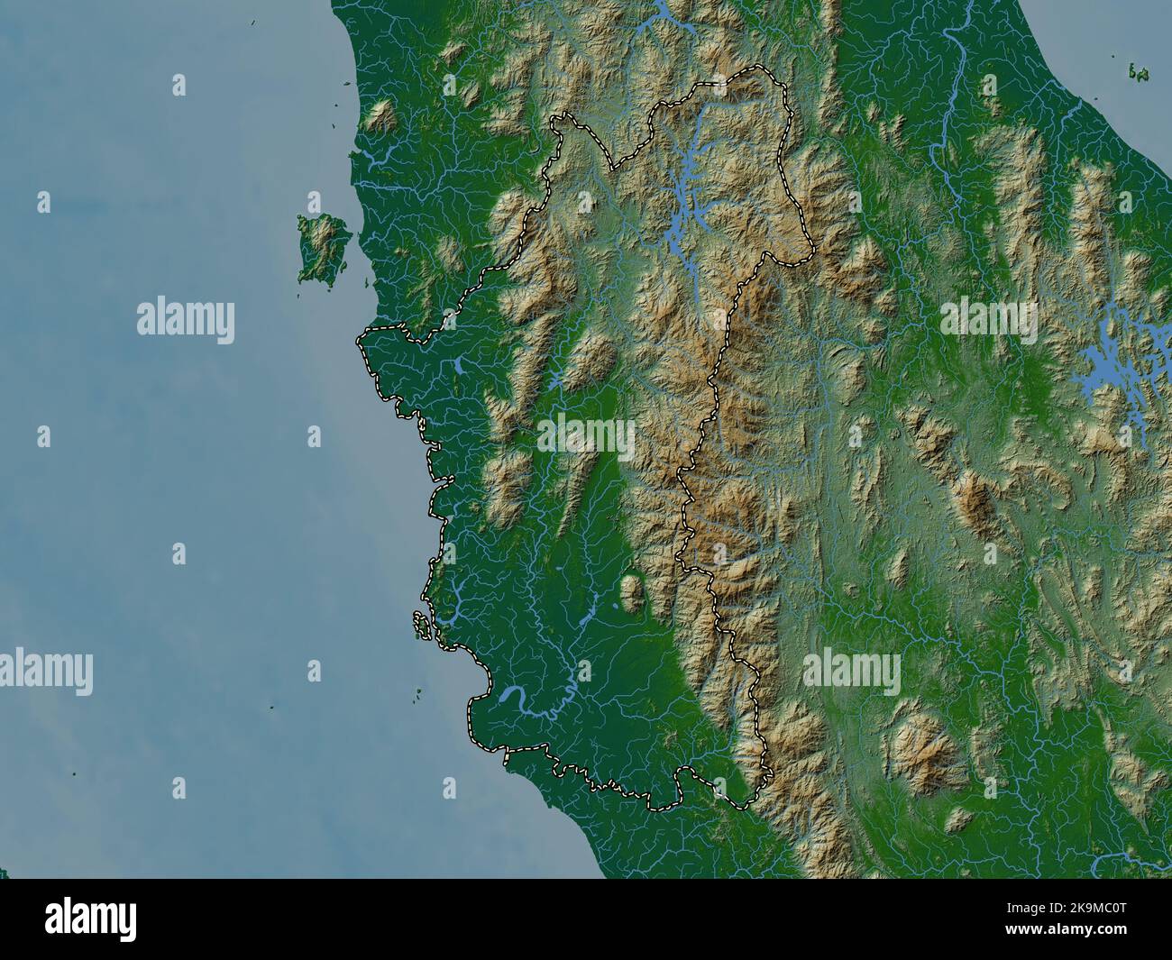 Perak, state of Malaysia. Colored elevation map with lakes and rivers ...
