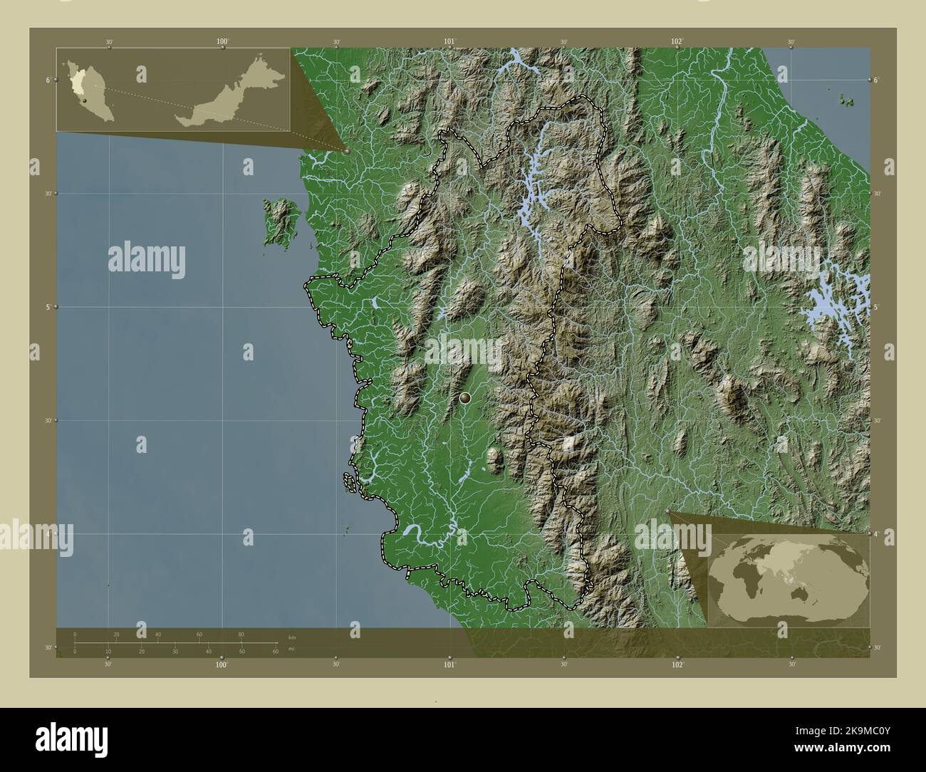 Perak, state of Malaysia. Elevation map colored in wiki style with ...