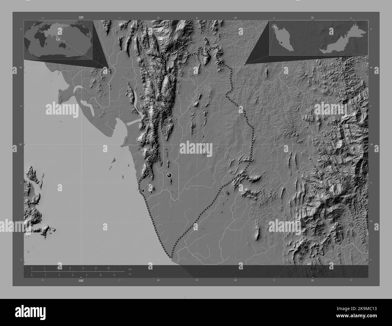 Perlis, state of Malaysia. Bilevel elevation map with lakes and rivers ...