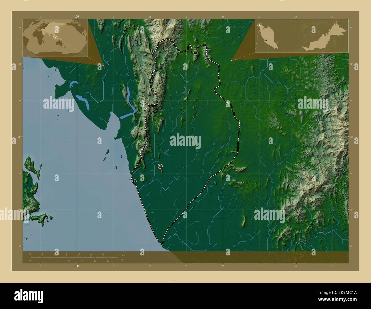 Perlis, state of Malaysia. Colored elevation map with lakes and rivers ...