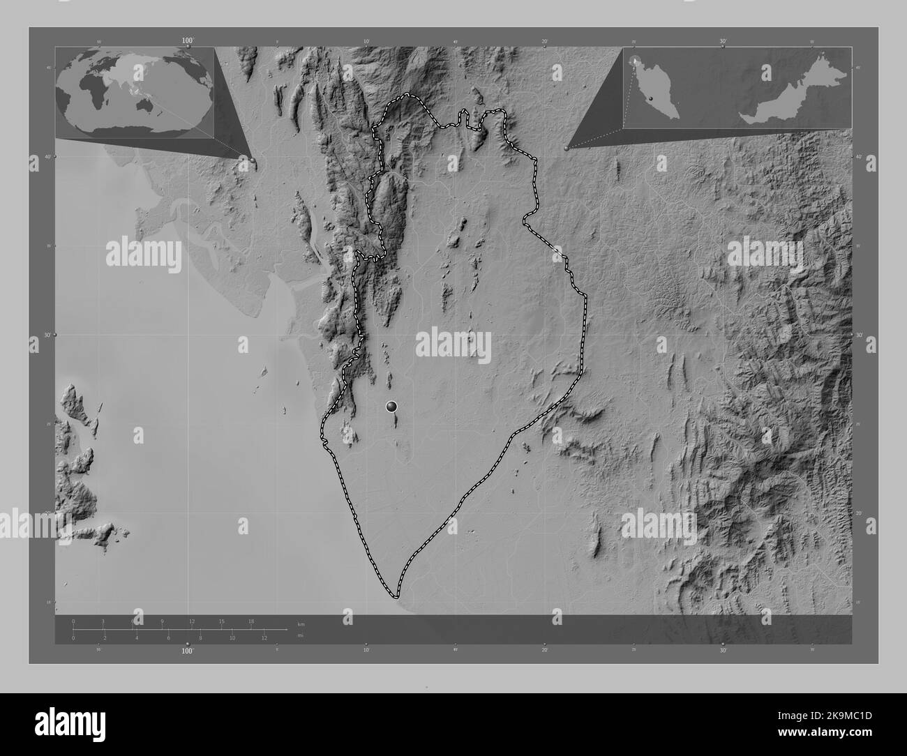 Perlis, state of Malaysia. Grayscale elevation map with lakes and ...