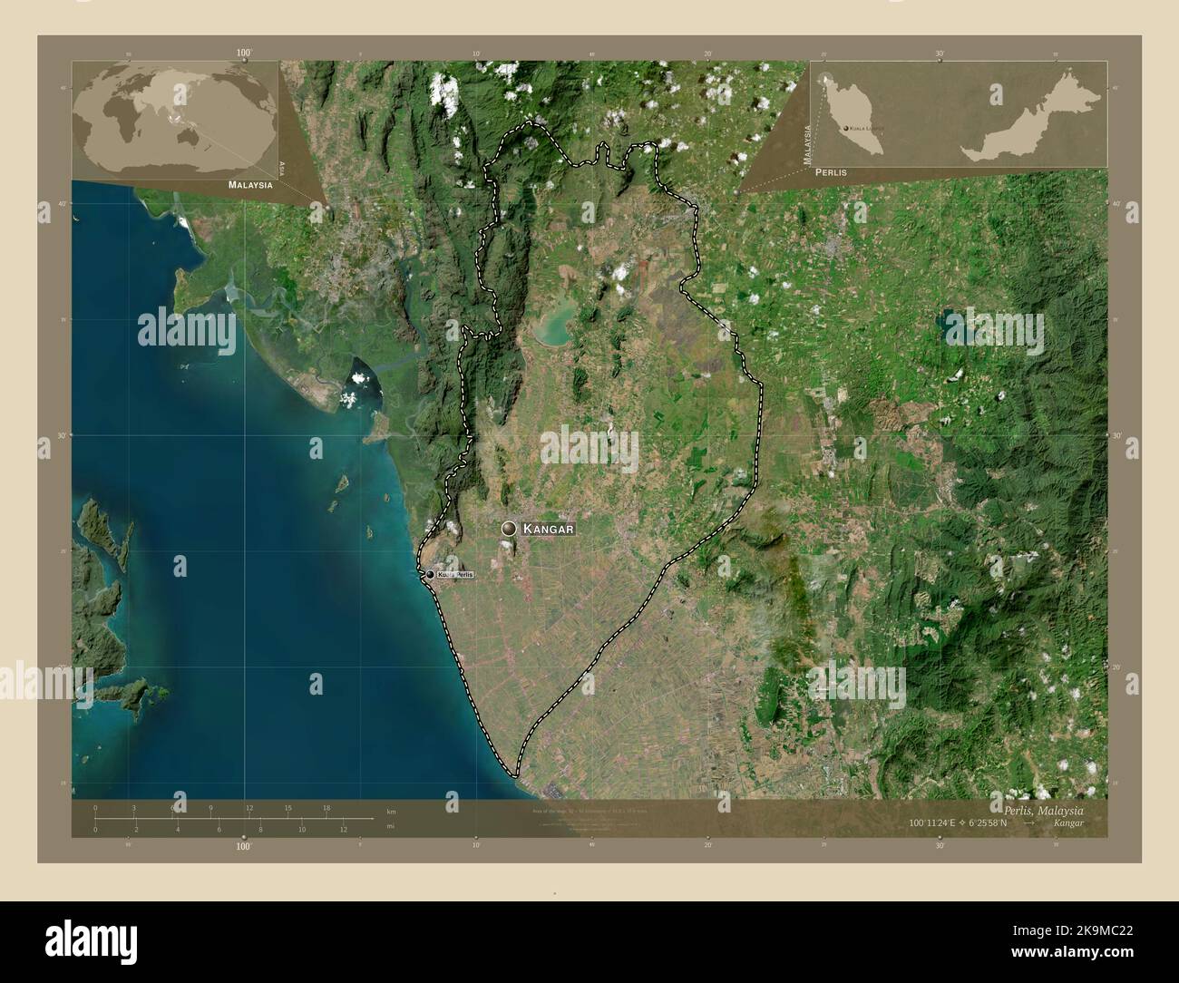 Perlis, state of Malaysia. High resolution satellite map. Locations and ...