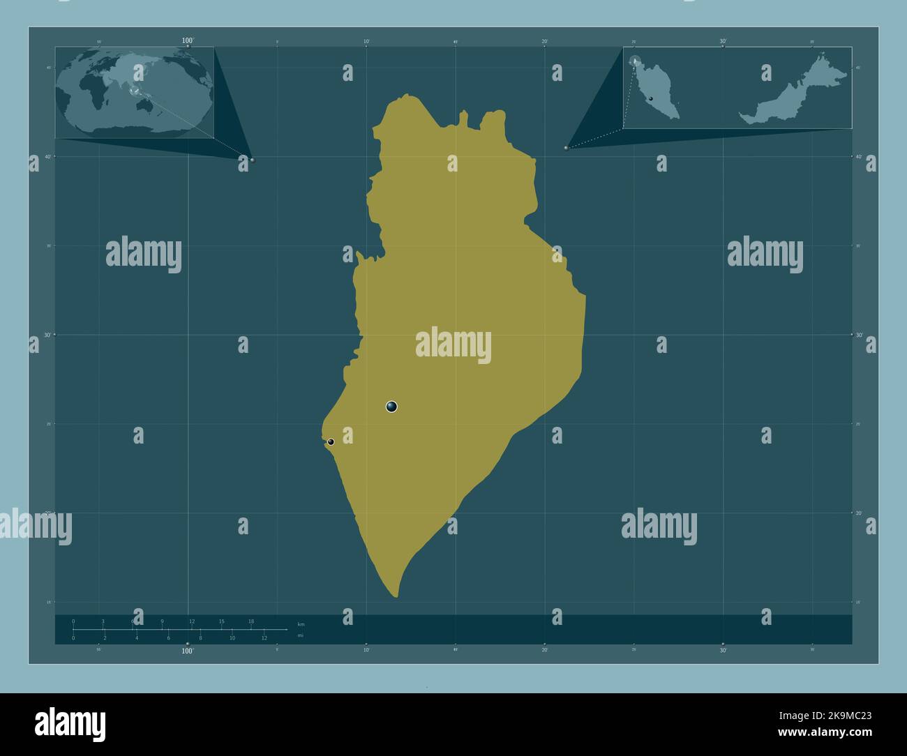 Perlis, state of Malaysia. Solid color shape. Locations of major cities ...