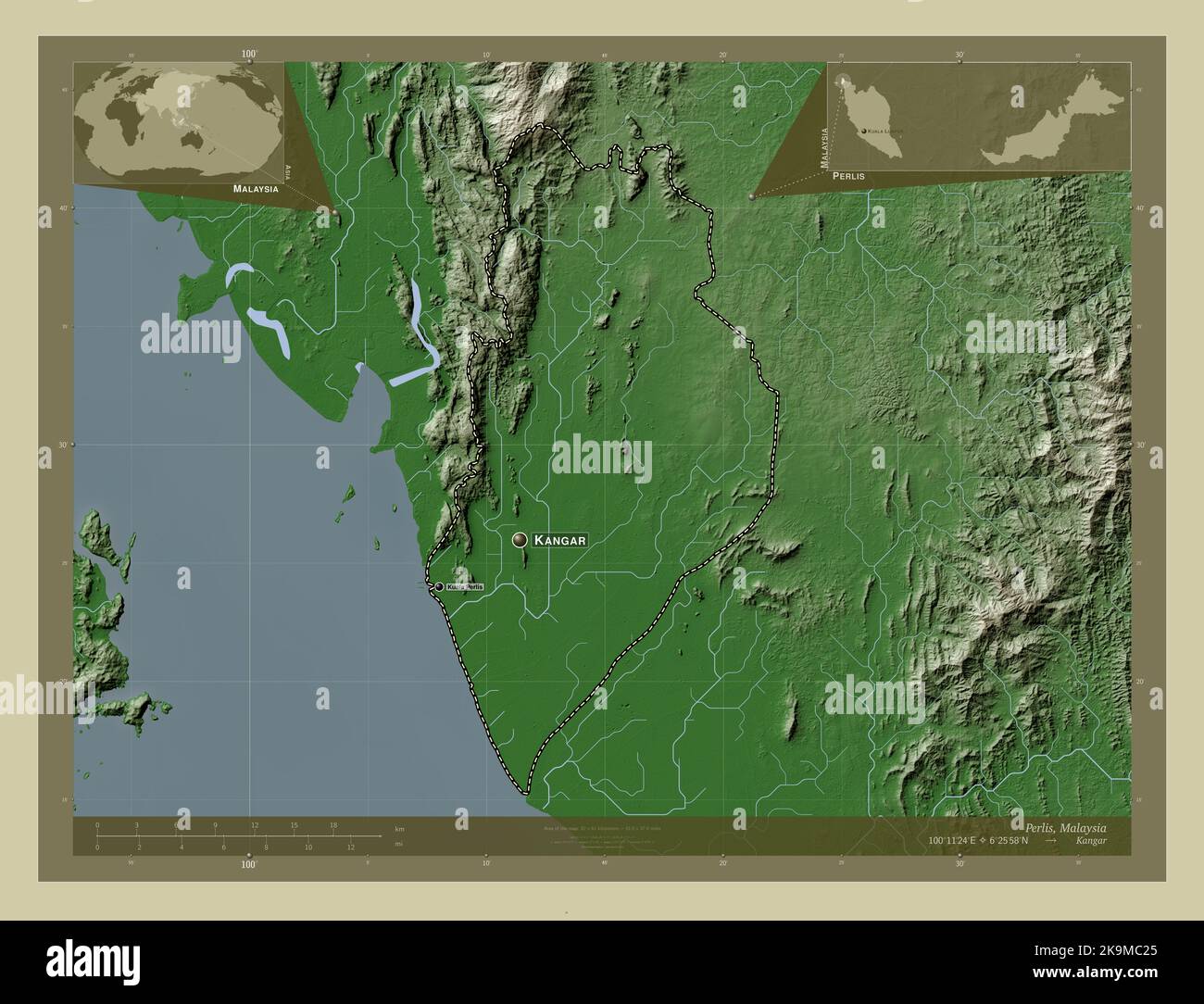 Perlis, state of Malaysia. Elevation map colored in wiki style with ...
