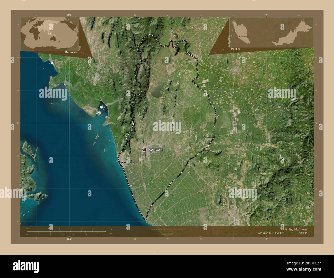 Perlis, state of Malaysia. Low resolution satellite map. Locations and ...