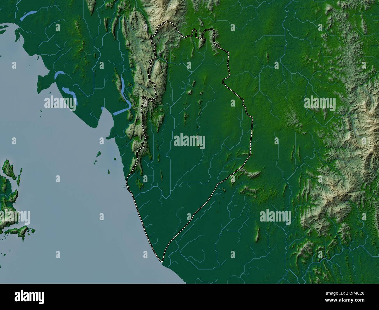 Perlis, state of Malaysia. Colored elevation map with lakes and rivers ...