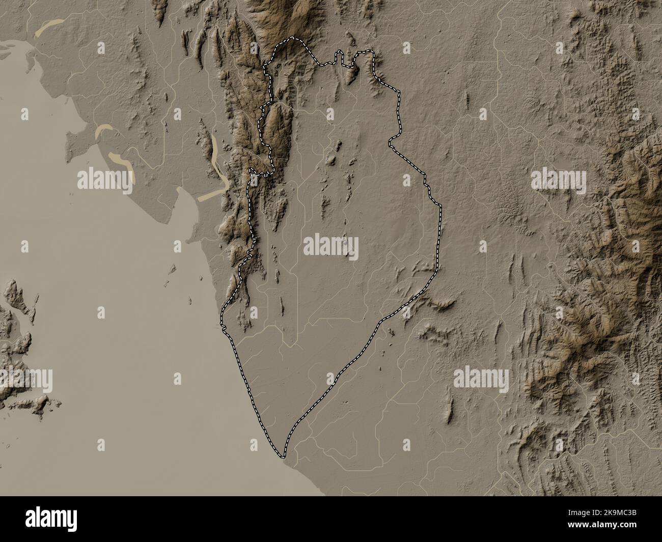 Perlis, state of Malaysia. Elevation map colored in sepia tones with ...