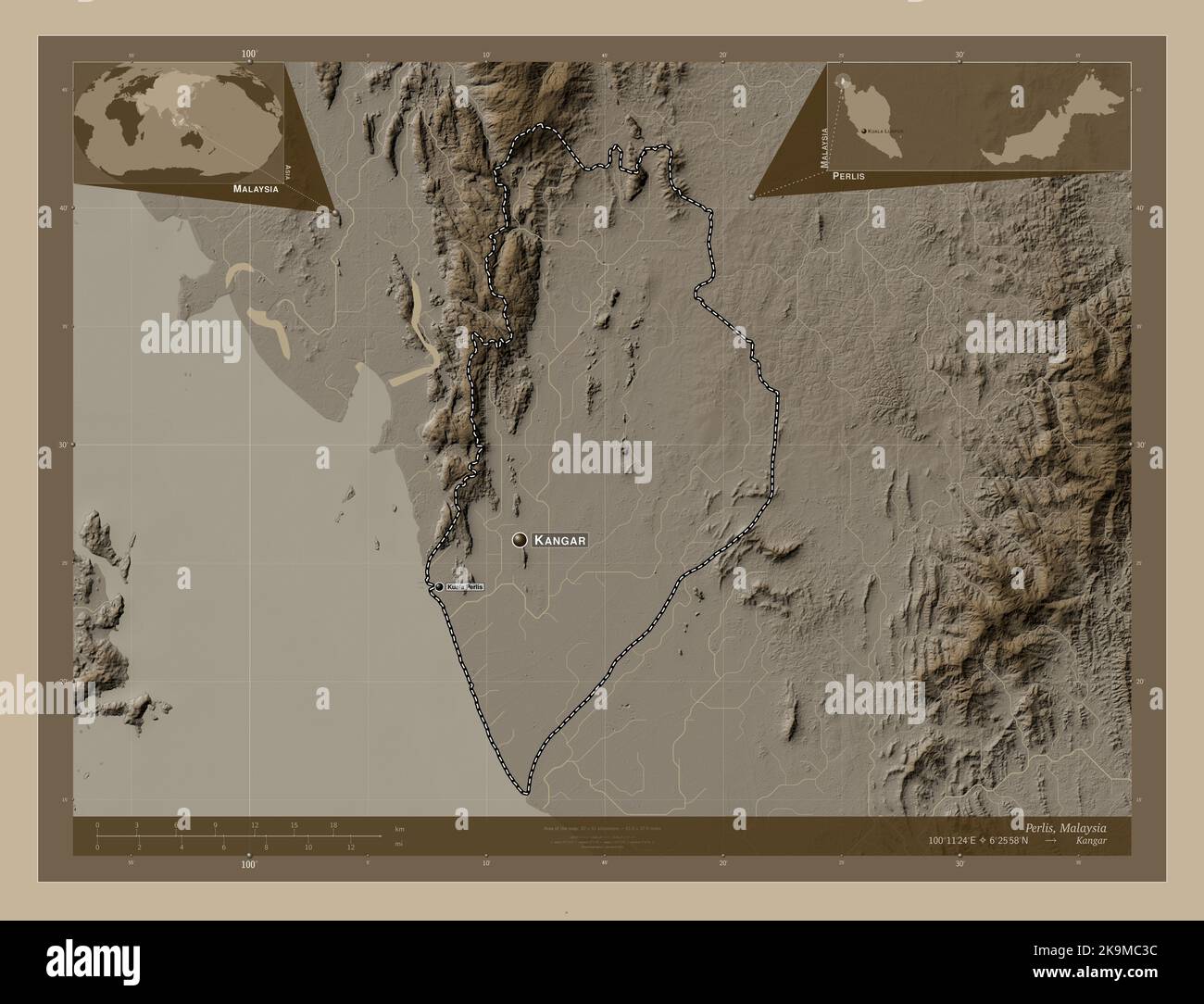 Perlis, state of Malaysia. Elevation map colored in sepia tones with ...