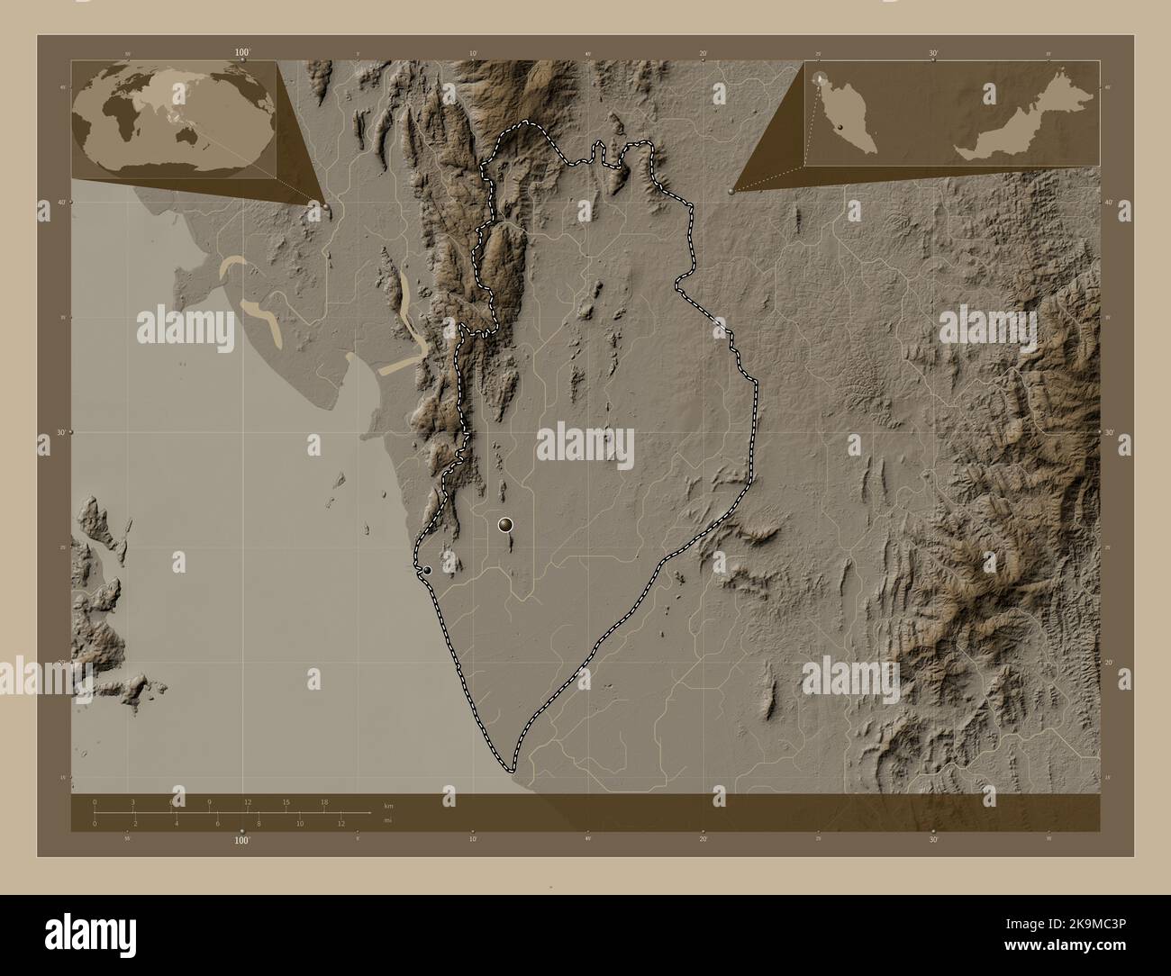 Perlis, state of Malaysia. Elevation map colored in sepia tones with ...