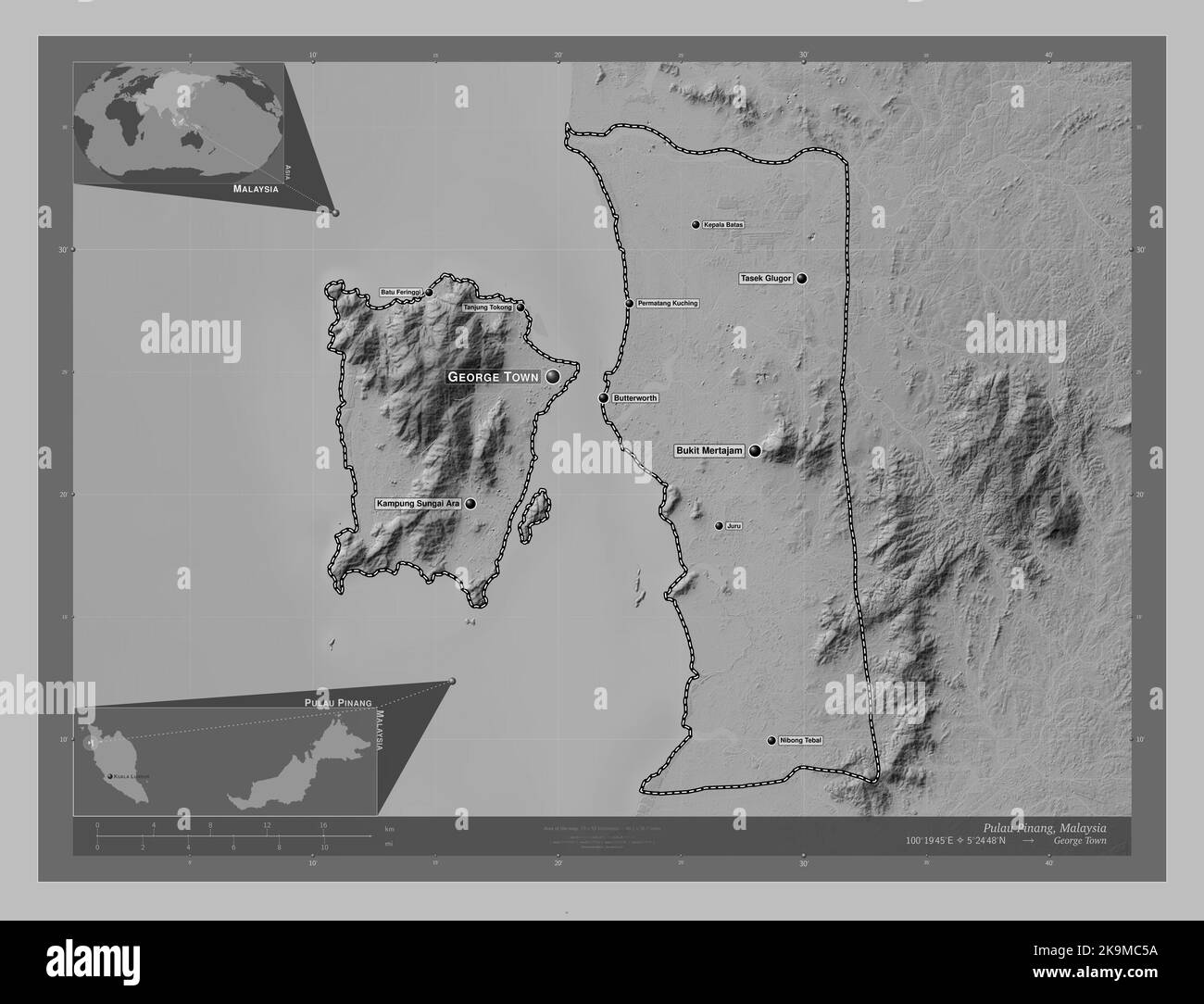 Pulau Pinang, state of Malaysia. Grayscale elevation map with lakes and ...