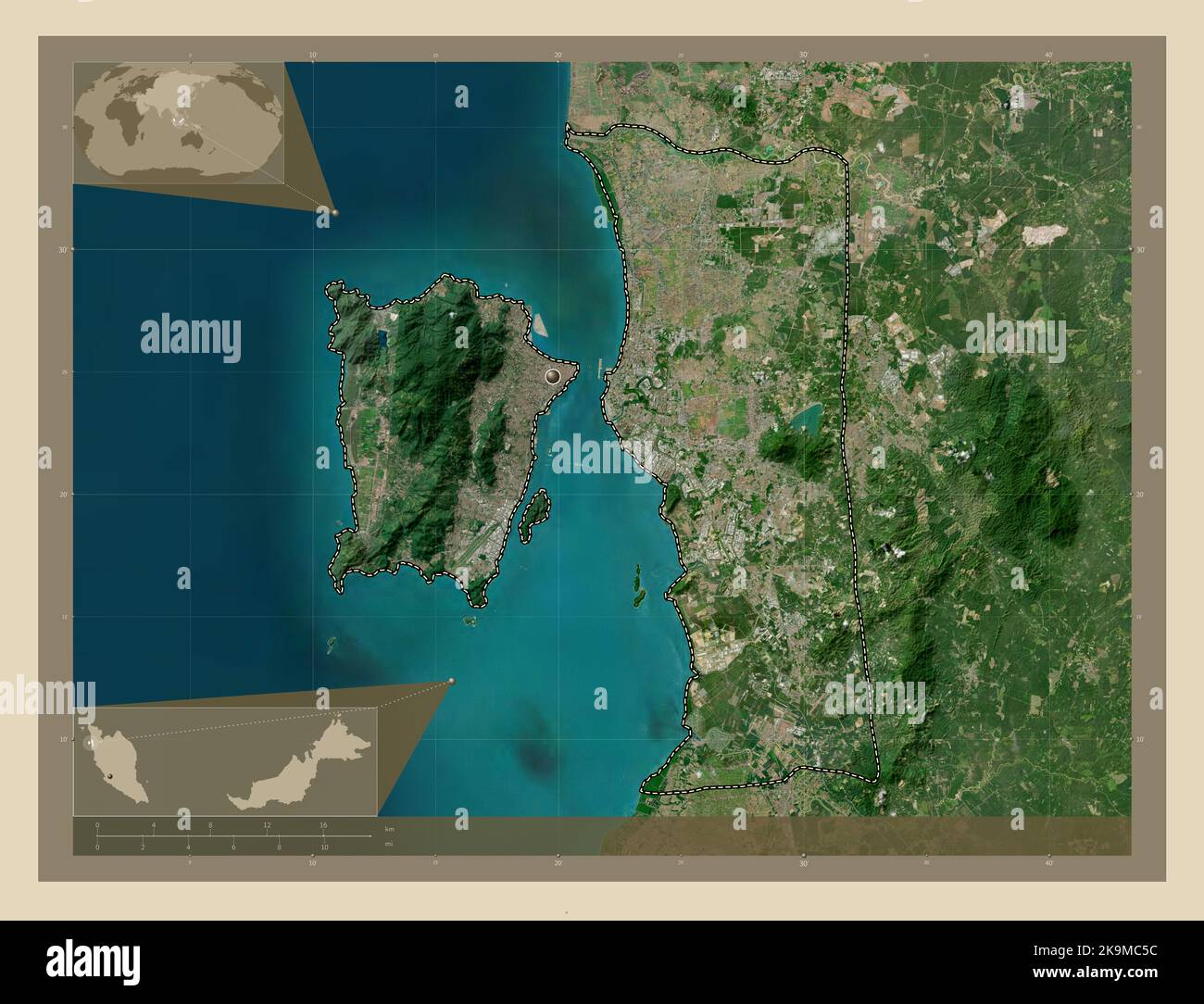 Pulau Pinang, state of Malaysia. High resolution satellite map. Corner ...