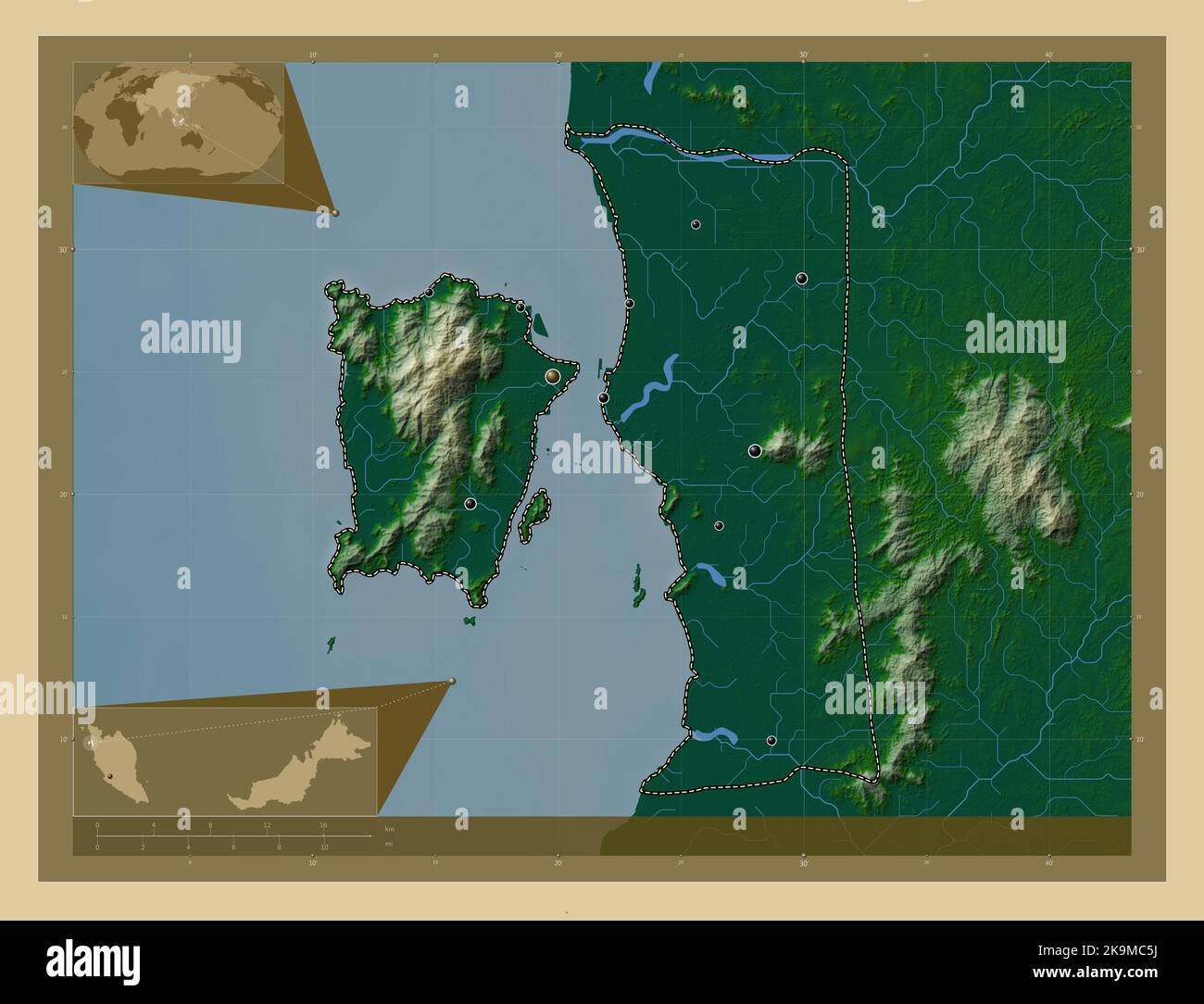 Pulau Pinang, state of Malaysia. Colored elevation map with lakes and ...