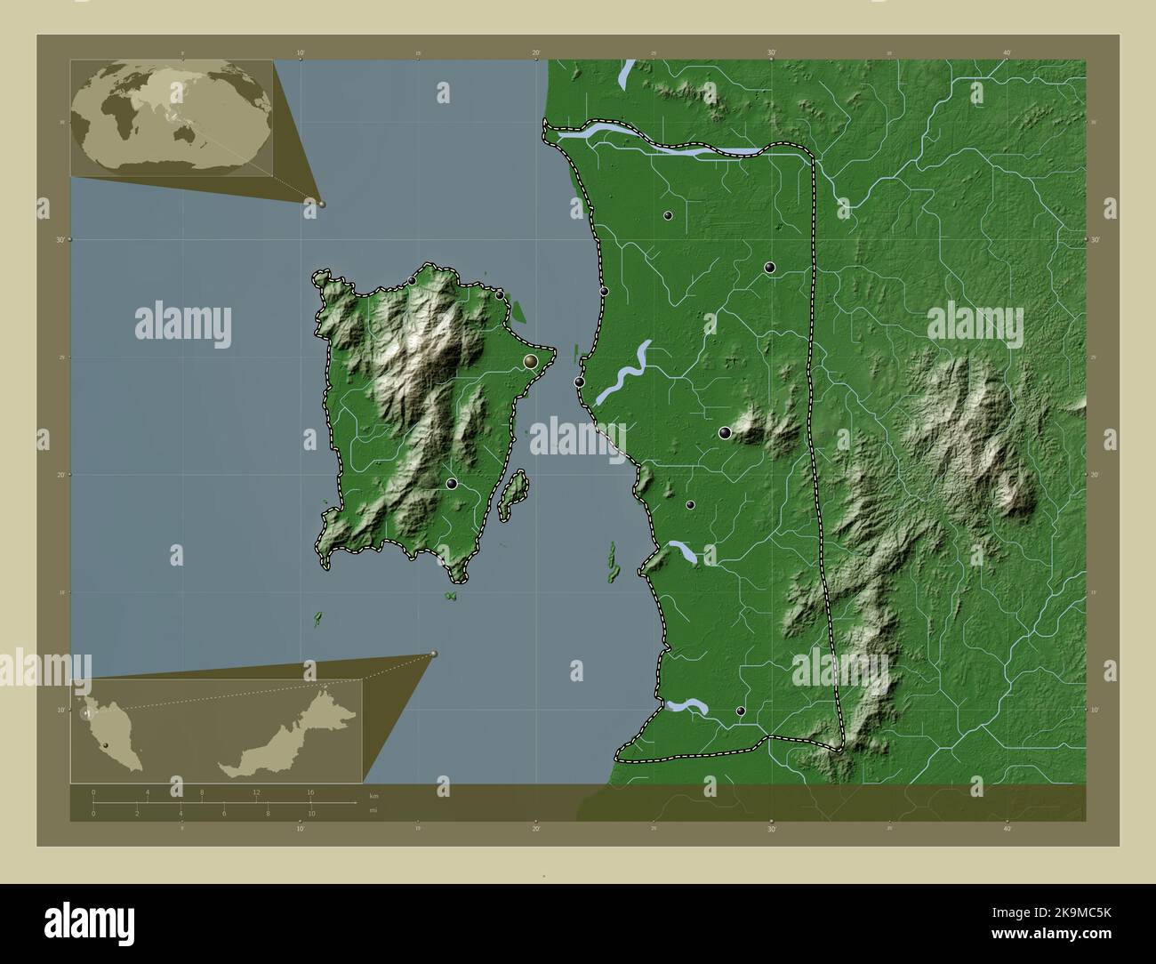 Pulau Pinang, state of Malaysia. Elevation map colored in wiki style ...