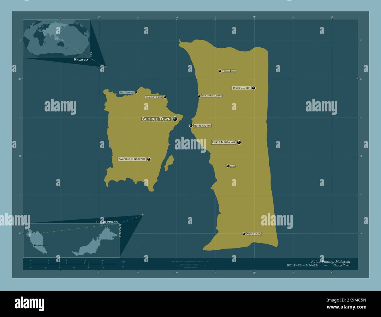 Pulau Pinang, state of Malaysia. Solid color shape. Locations and names ...