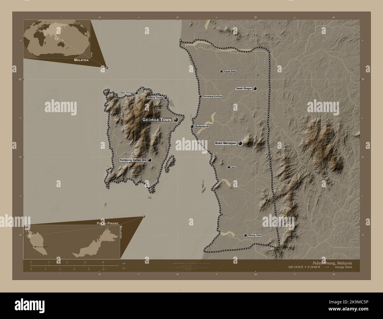 Pulau Pinang, state of Malaysia. Elevation map colored in sepia tones ...