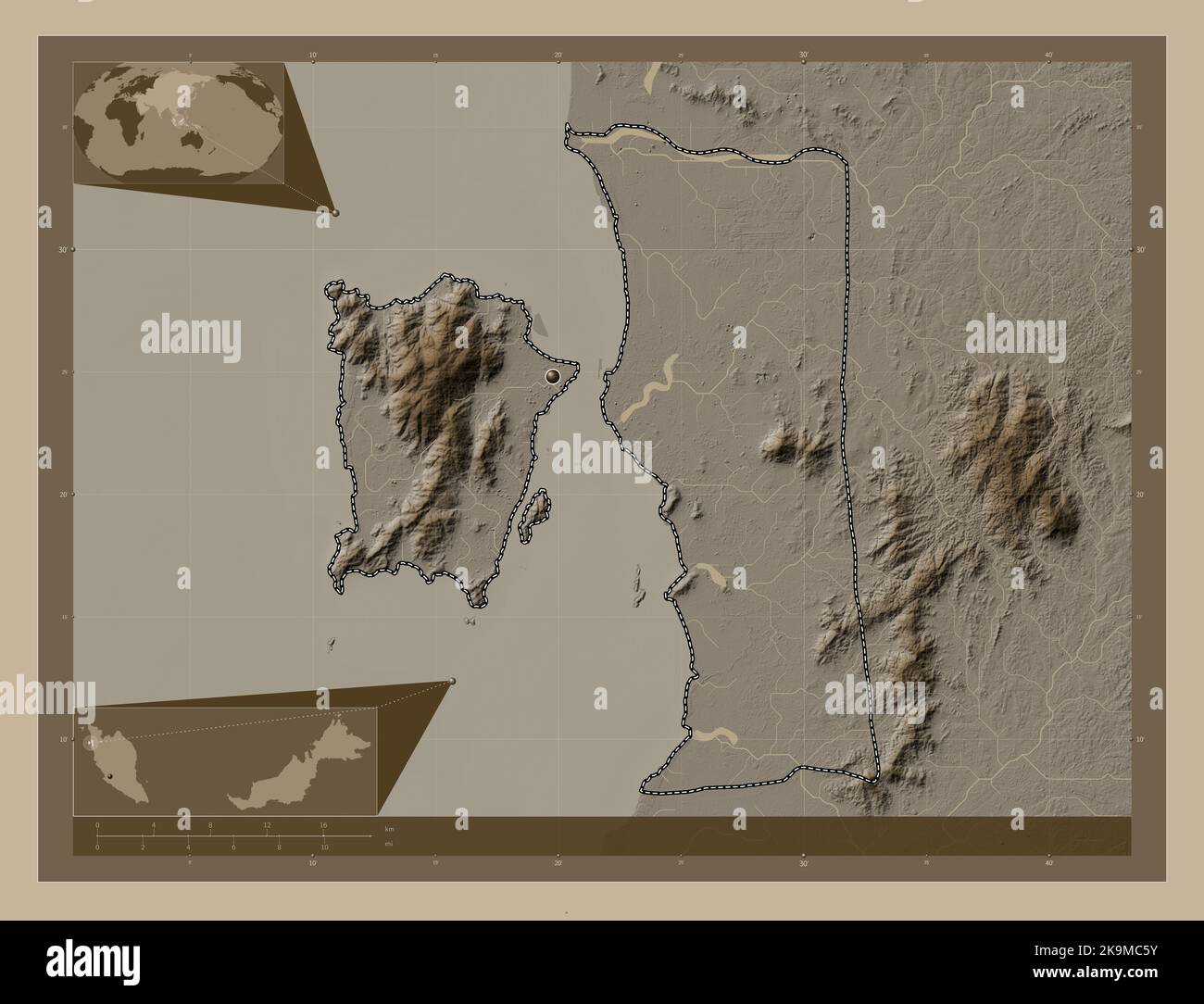 Pulau Pinang, state of Malaysia. Elevation map colored in sepia tones ...
