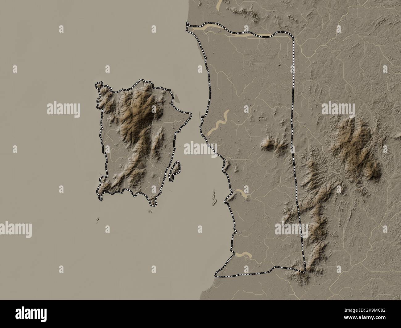 Pulau Pinang, state of Malaysia. Elevation map colored in sepia tones ...