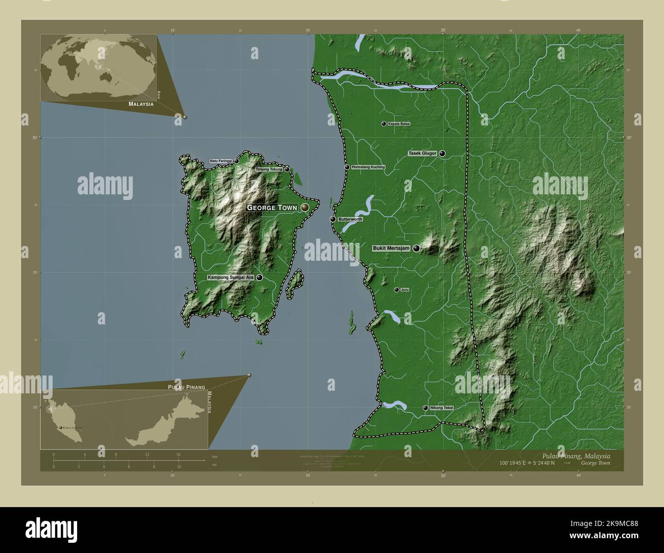 Pulau Pinang, state of Malaysia. Elevation map colored in wiki style ...